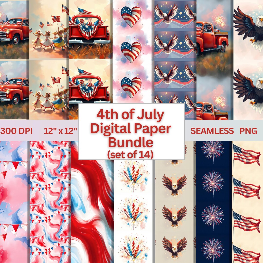 Patriotic 4th of July Digital Papers – Fireworks, Eagles, Vintage Red ...