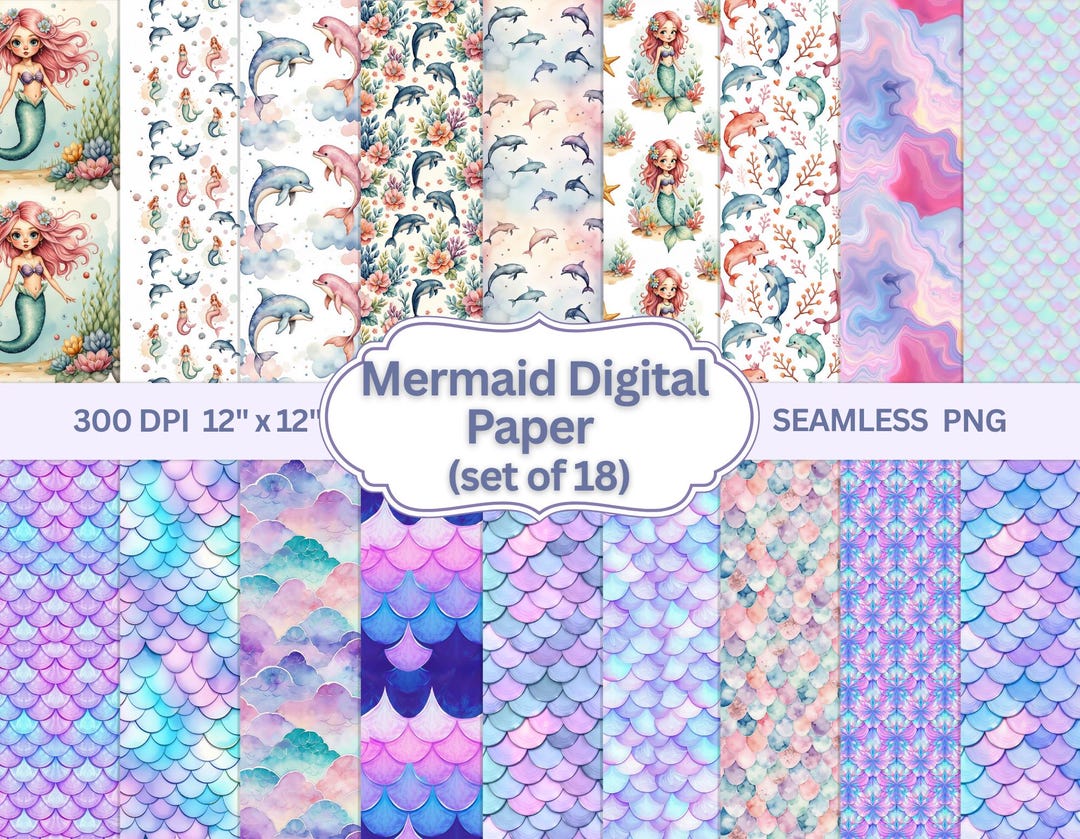 Mermaid Digital Paper, Mermaid Pattern Png, Seamless Patterns ...