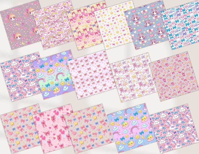 Kawaii Harajuku Seamless Pattern Bundle, 14 Pastel Digital Papers, Cute ...