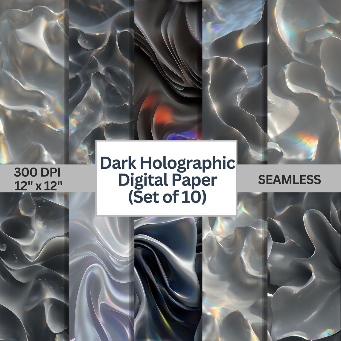 Dark Holographic Digital Paper Bundle – 10 Seamless Chrome, Iridescent ...