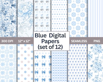 Blue Toile Digital Paper Set – 12 Preppy Bow & Coquette Patterns | Blue ...