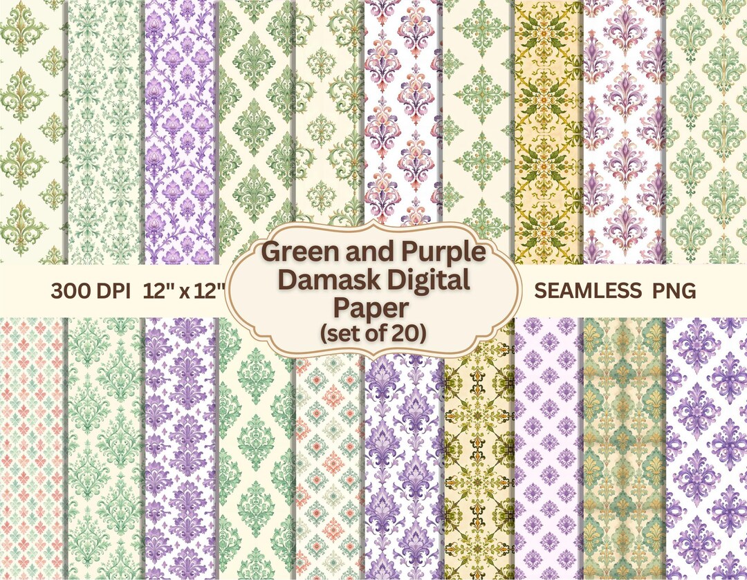 Green and Purple Damask Digital Paper – 20 Seamless Ornamental Patterns ...