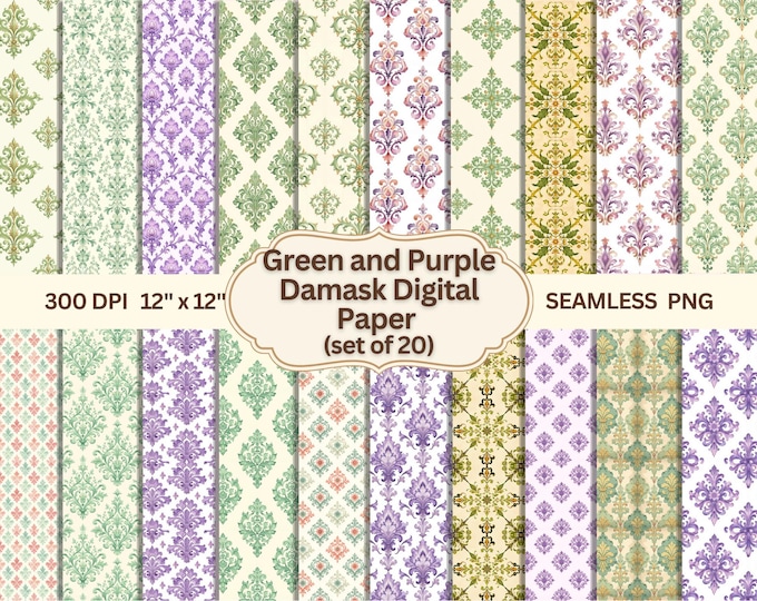 Green and Purple Damask Digital Paper – 20 Seamless Ornamental Patterns ...