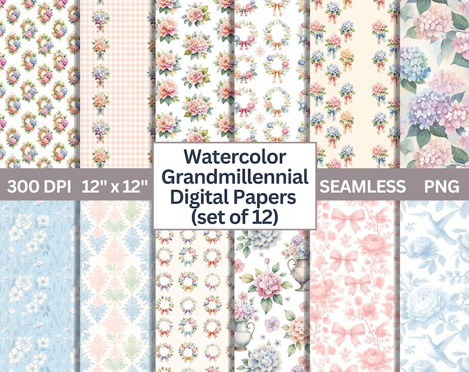 Watercolor Grandmillennial, Rose Pattern Digital Paper, Floral Paper ...