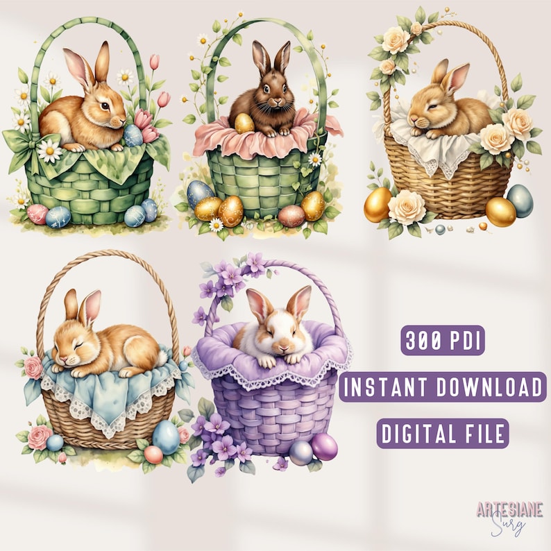 Easter Bunny in a Basket Clipart Bundle – Adorable Easter Clipart ...