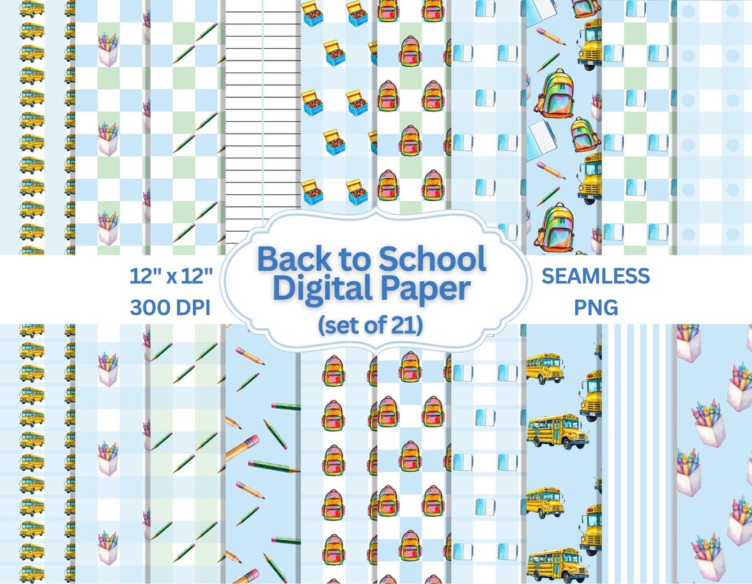Back to School Digital Paper, 21 Seamless Patterns, School Bus, Crayons ...