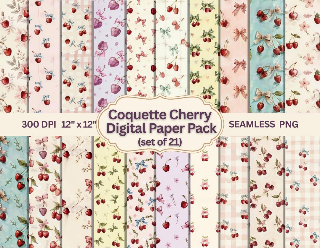 21 Cherry Digital Paper, Coquette Cherries Digital Papers, Bow Cherry ...