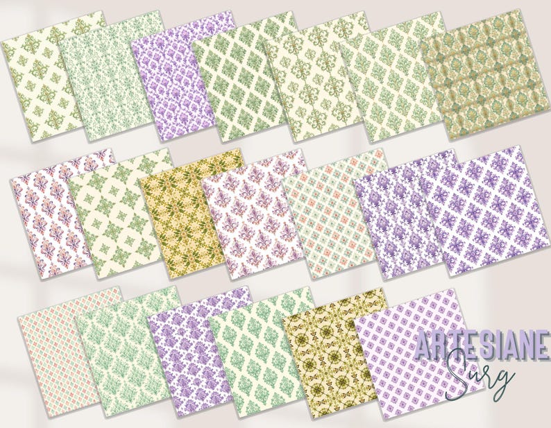 Green and Purple Damask Digital Paper – 20 Seamless Ornamental Patterns ...