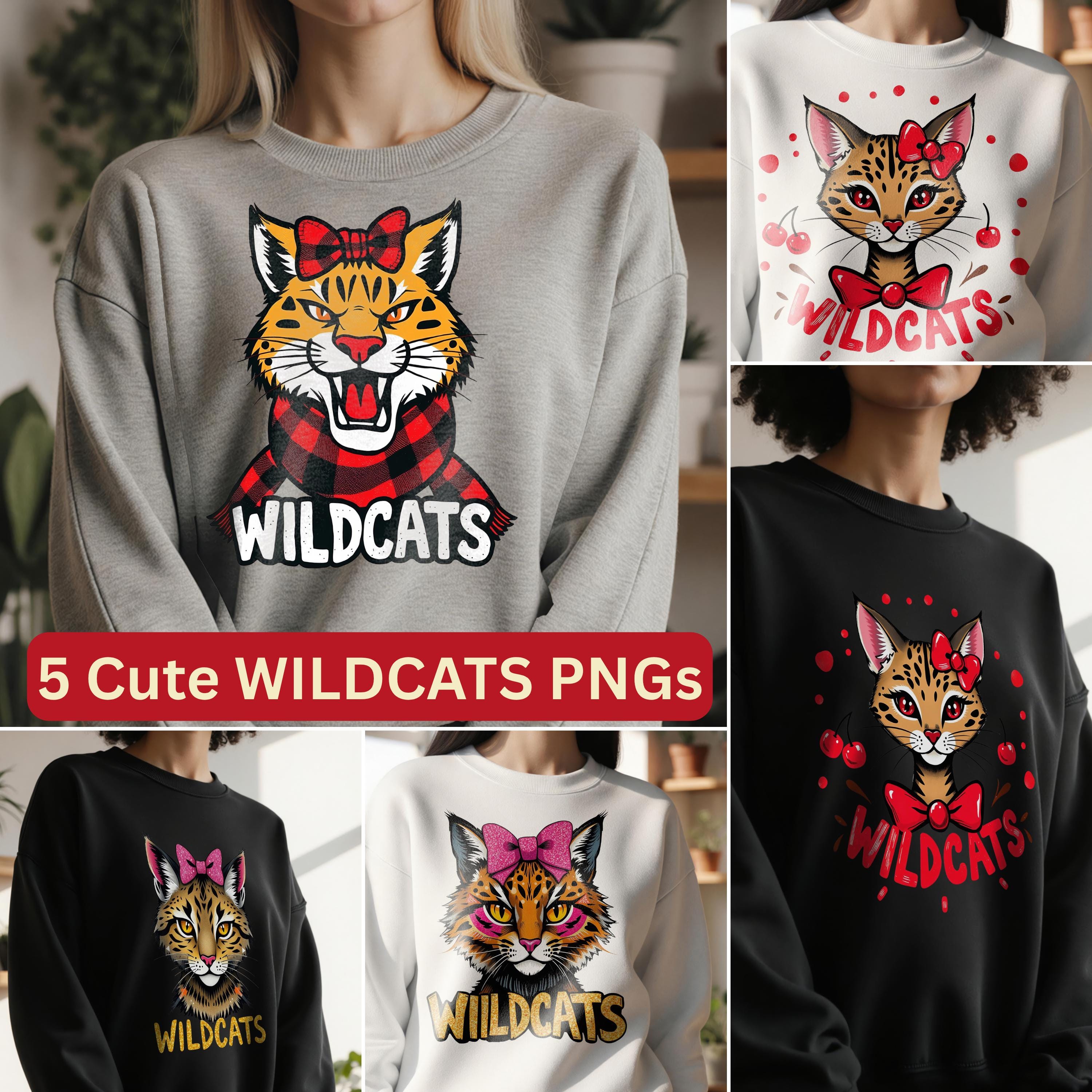 5 Cute Wildcats PNG Bundle, Leopard Mascot Clipart With Bows & Scarves ...