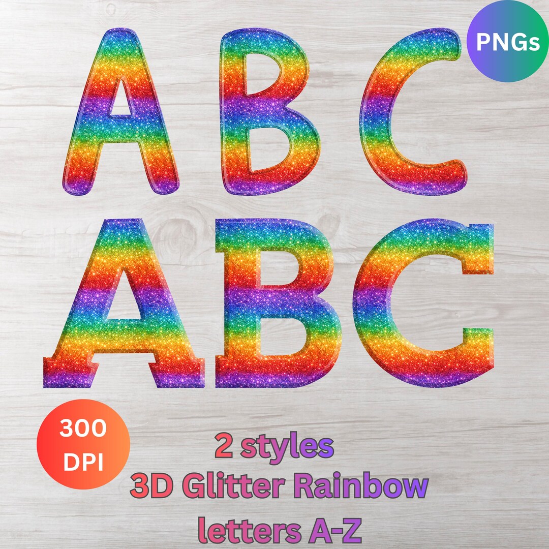 3D Glitter Rainbow Alphabet PNG, A-Z Letters Clipart Bundle – 12” 300 ...