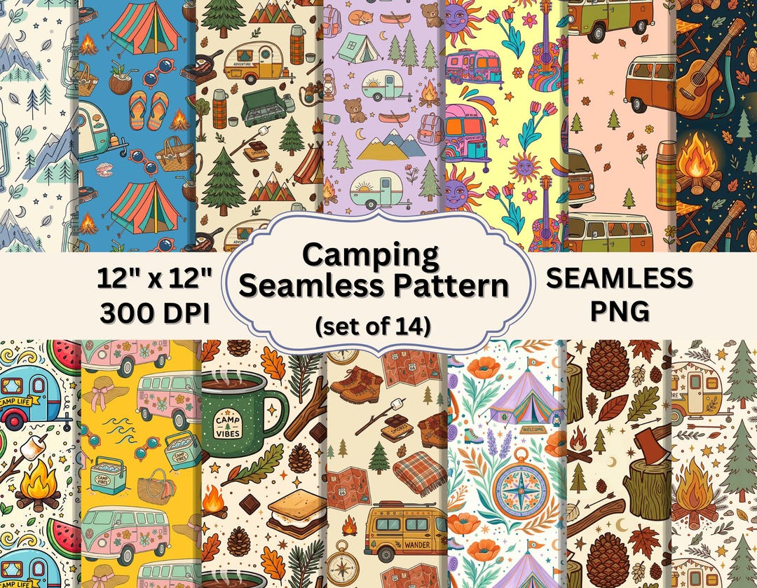 Camping Seamless Pattern Bundle | Retro Camper Digital Paper | Outdoor ...
