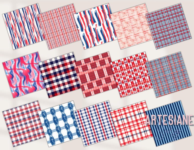 30 Patriotic Gingham & Plaid Digital Papers, Red White Blue USA ...