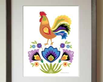 Polish Folk Art Rooster Print. Colorful Wycinanki Style Flower - Etsy