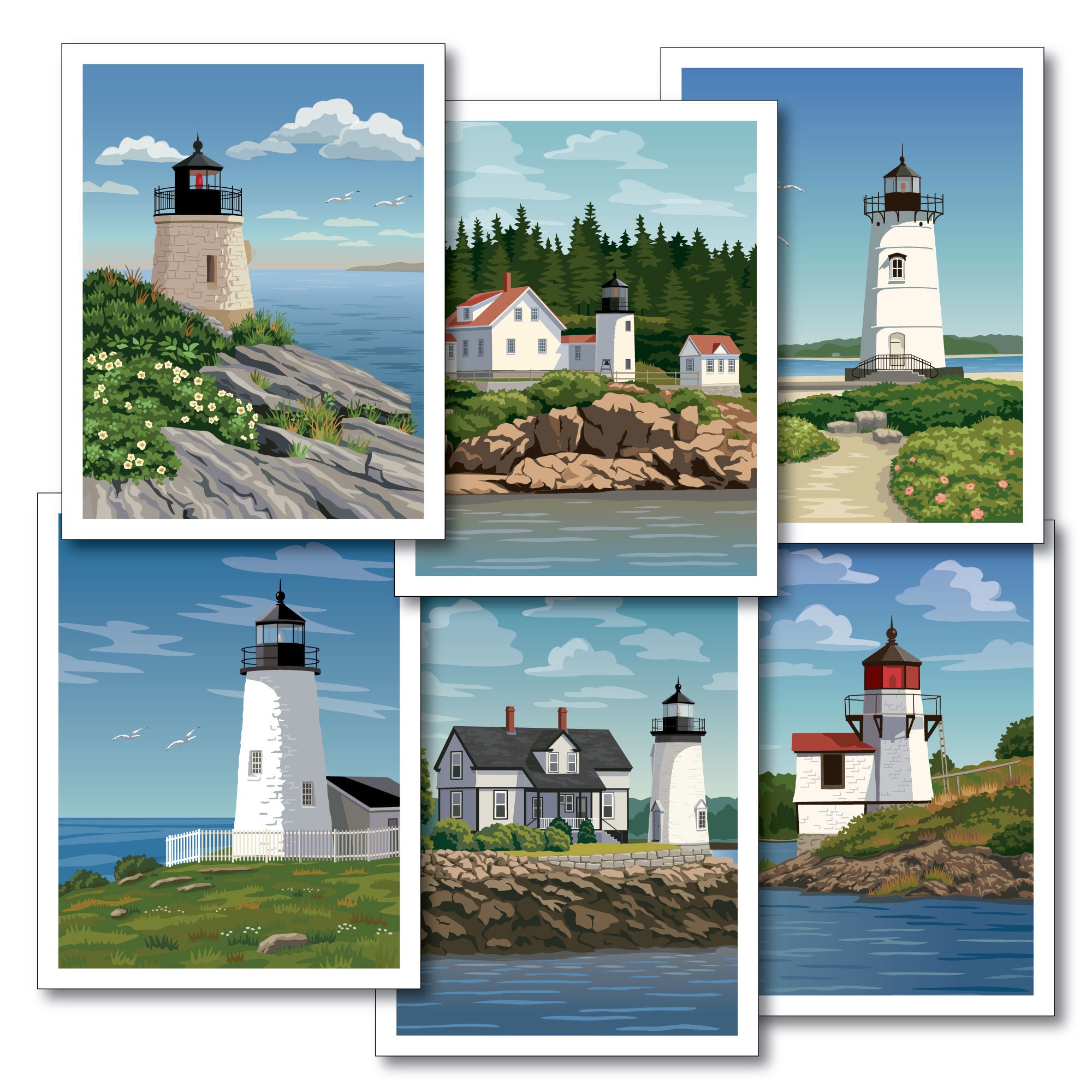 New England Lighthouses Greeting Cards, Set of Six Cards - Etsy