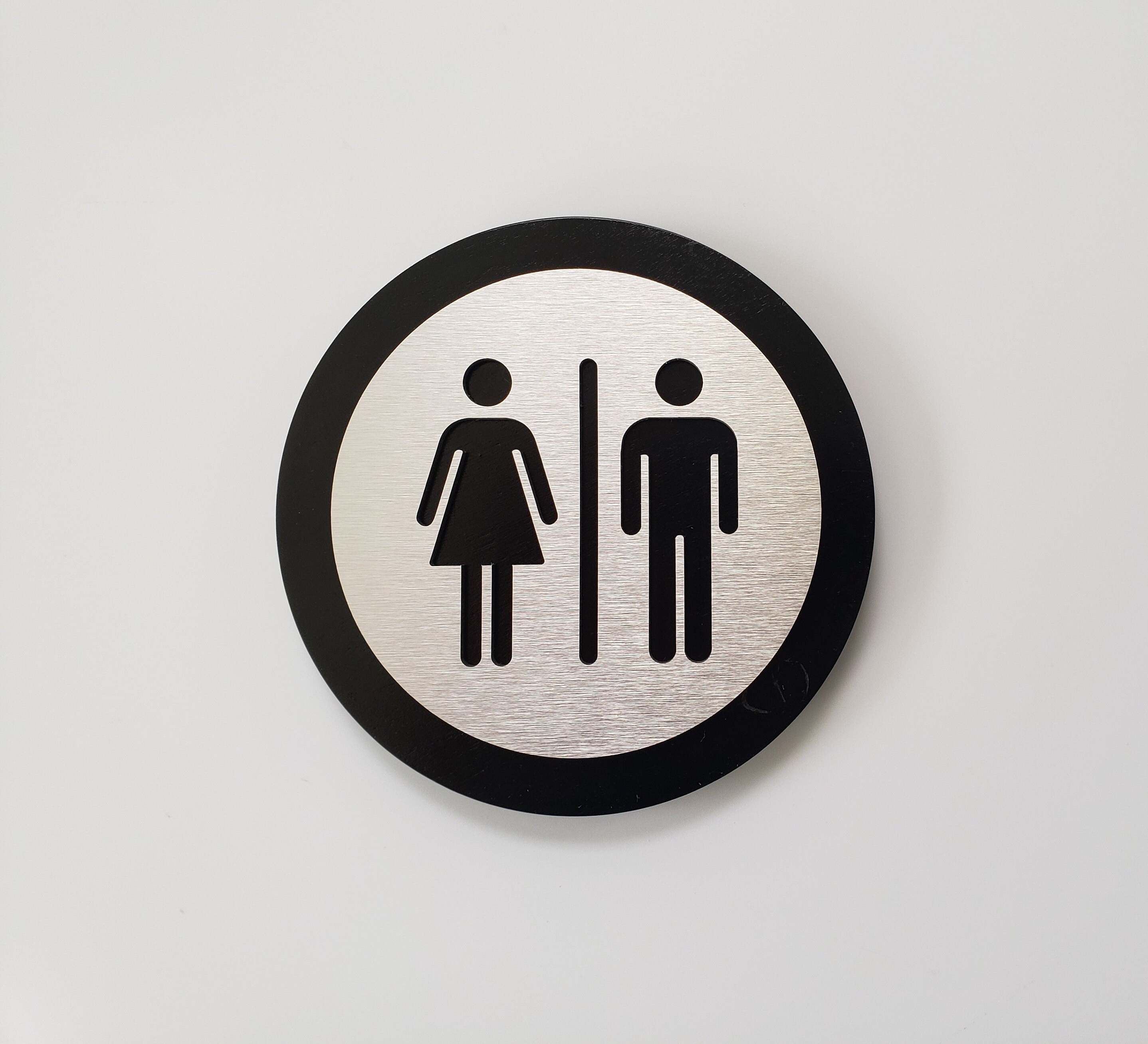 Wood and metal restroom door sign. All gender bathroom sign. Male and ...