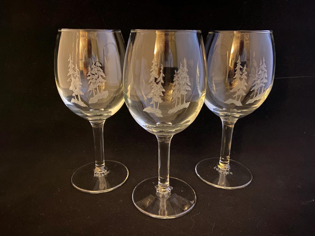 Hand Etched Wine Glass With Evergreen Trees - Etsy