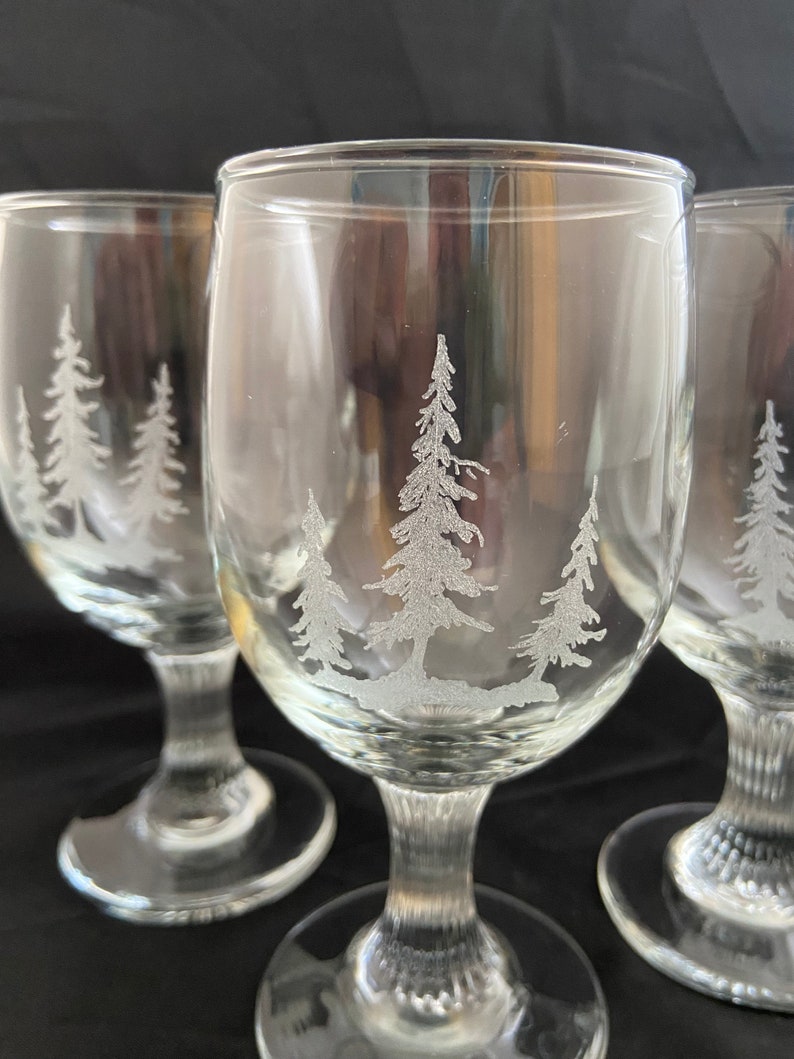 Pine Trees- Hand Etched Goblets- Set of Four 02 - Etsy