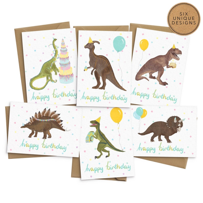 Dinosaur Birthday Card Pack for Kids Parties - Cute Dino Card Set of 6 ...