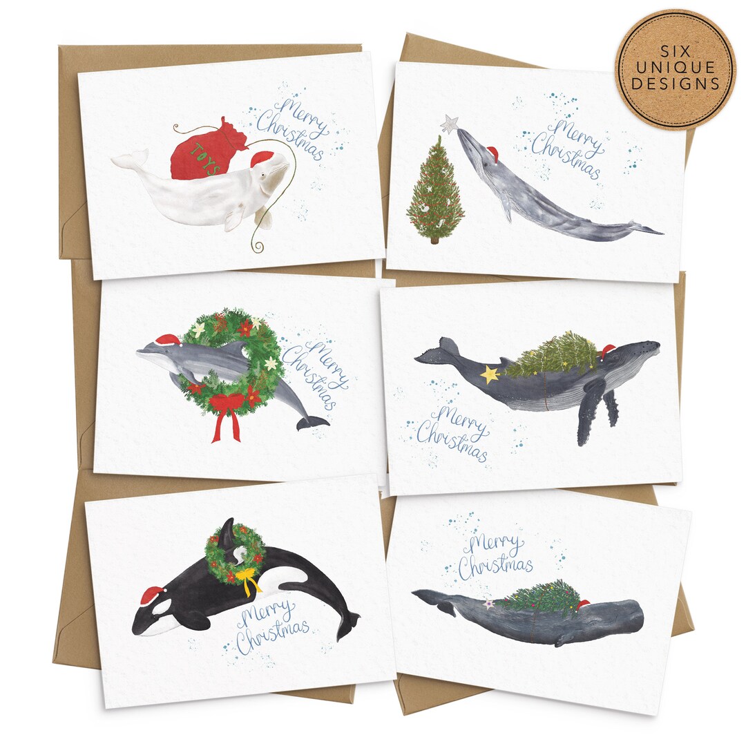 Whales & Dolphins Christmas Cards Set of 6 Quirky Christmas Cards Cute ...