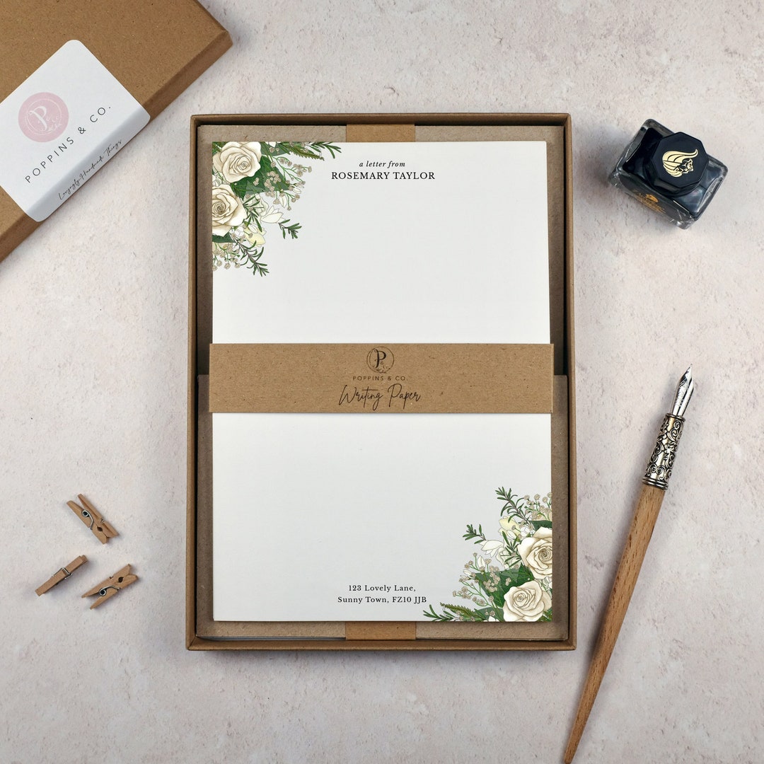 X20 Writing Paper Set (personalised) - White Rose & Rosemary Writing ...