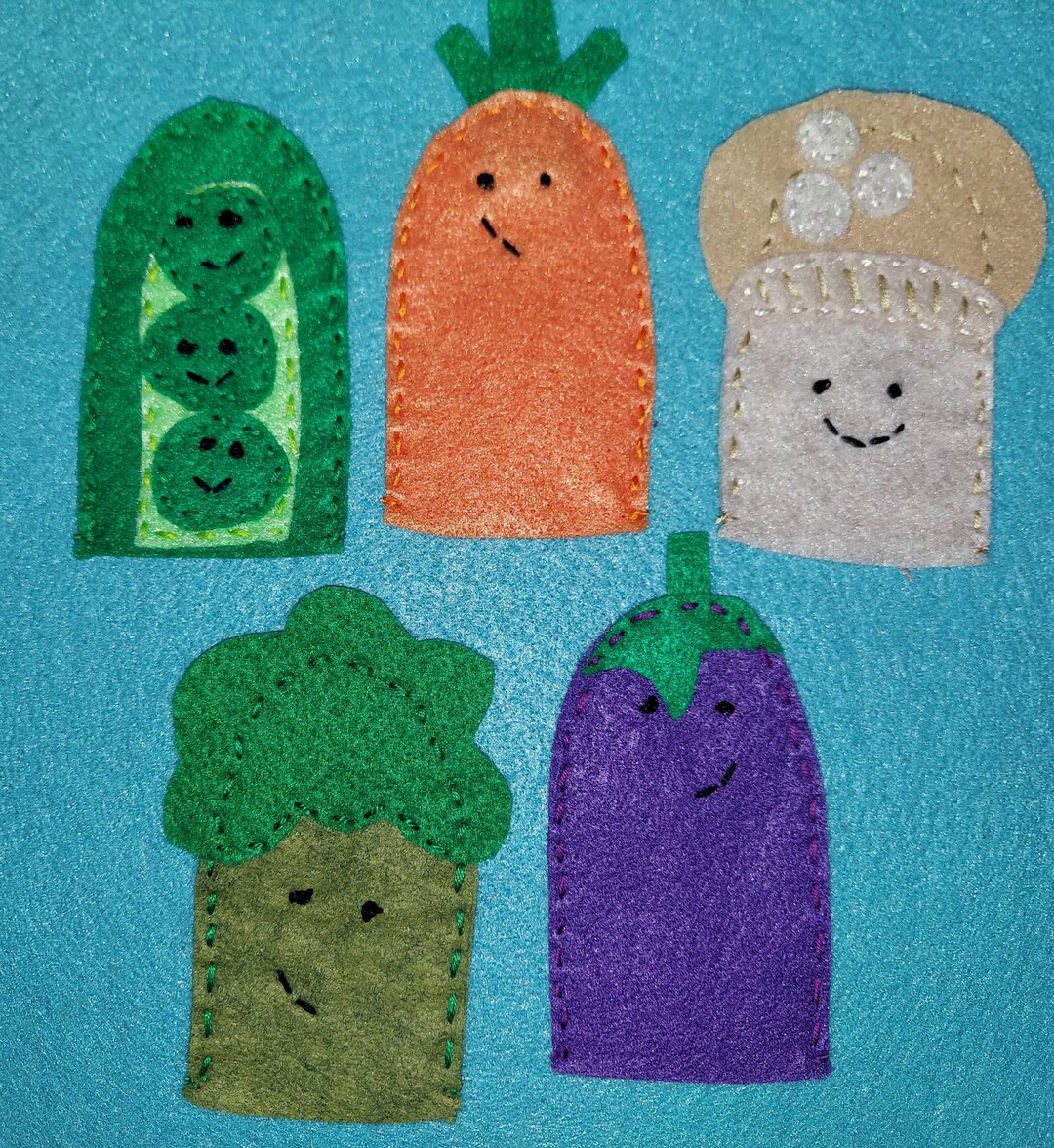 Set of 5 Vegetable Finger Puppets! Broccoli , Peas, Eggplant, Mushroom ...
