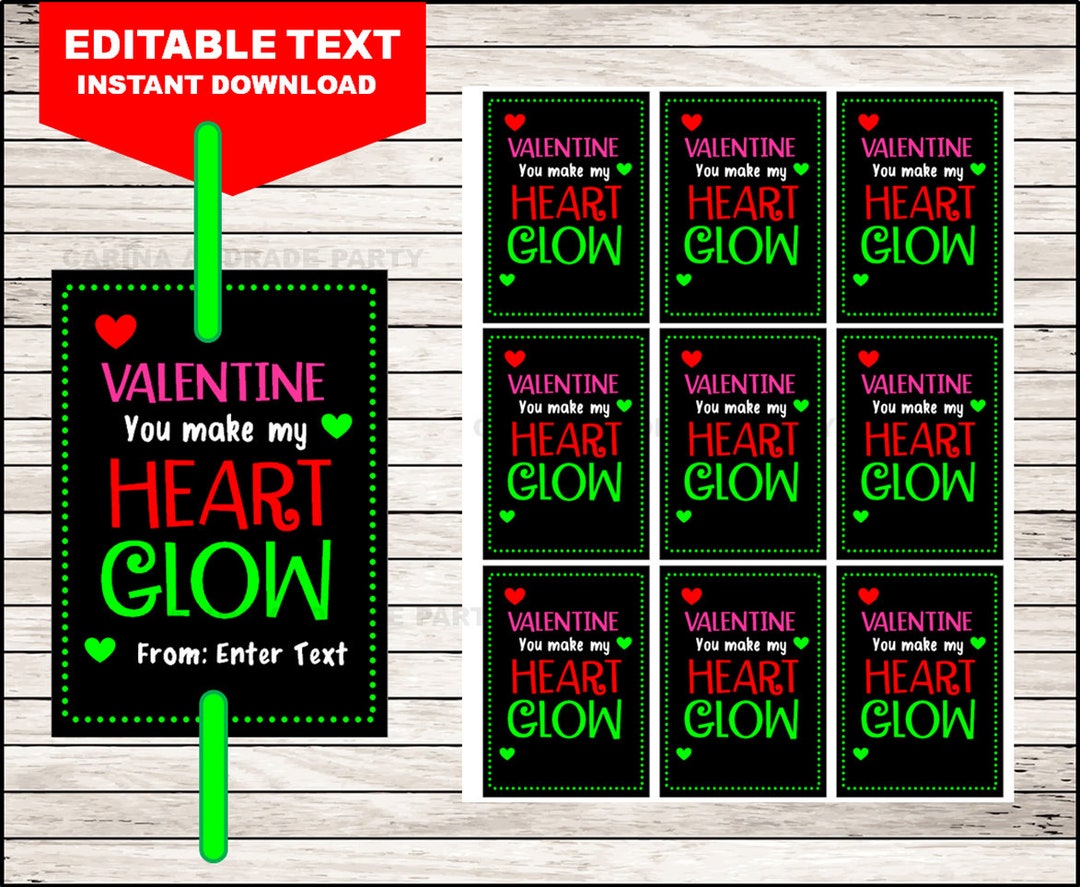 Valentine's Day Glow Stick Tags, Printable Kids Non-candy Valentine ...
