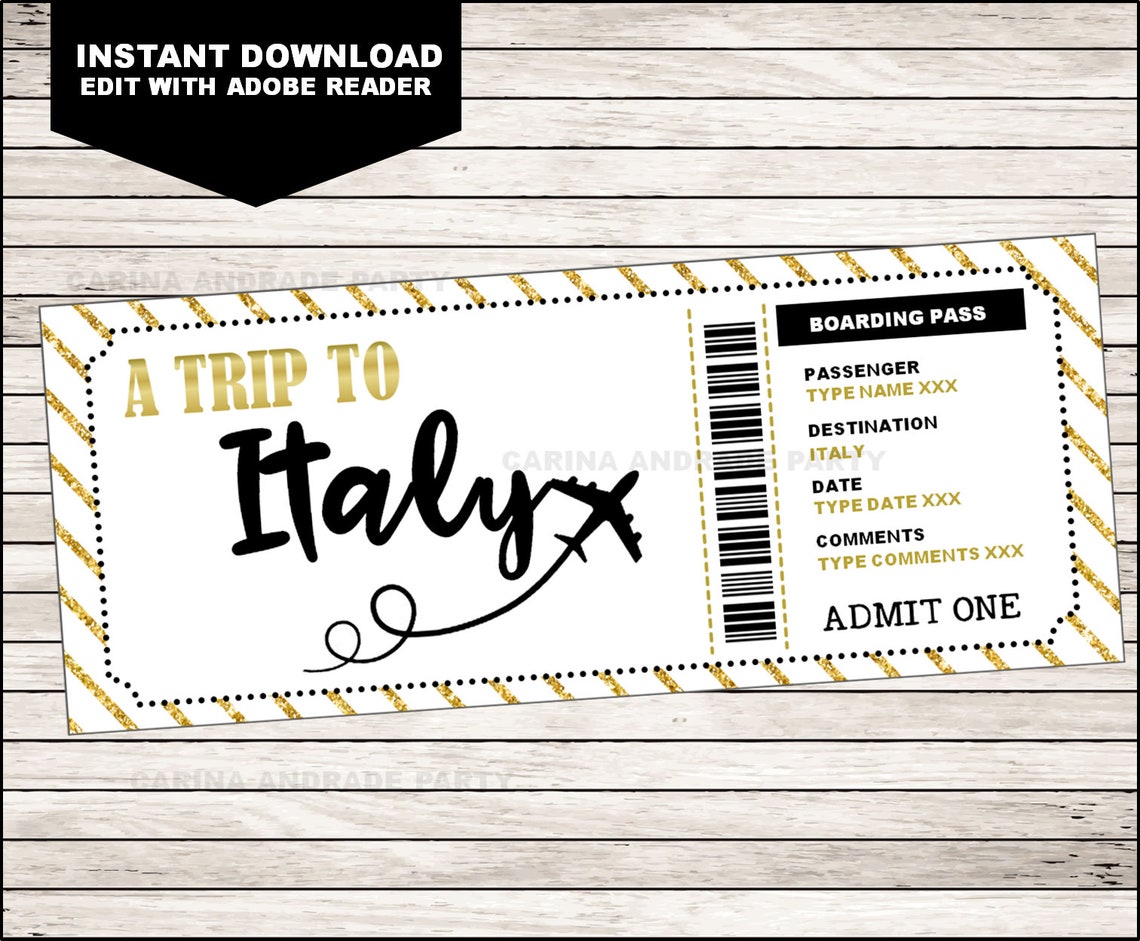 Italy Birthday Gift Boarding Pass Ticket Surprise Flight - Etsy