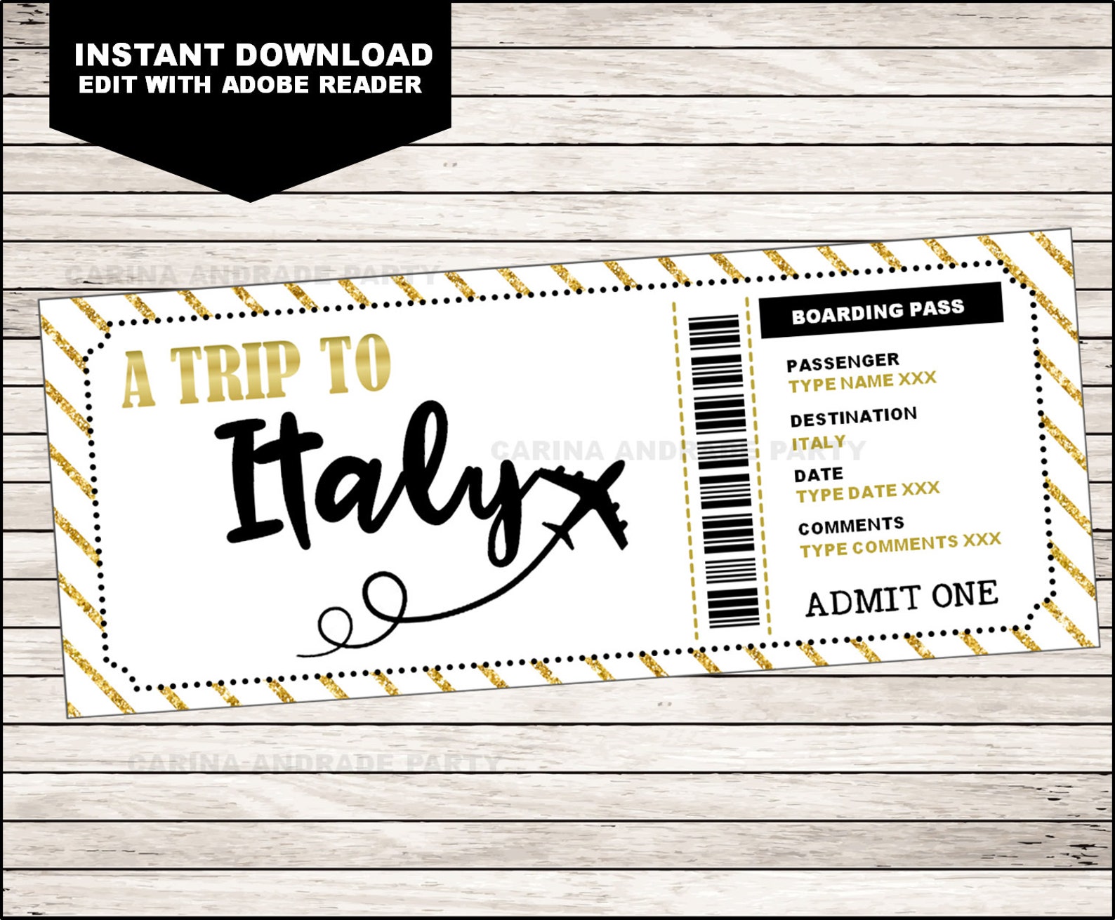 Italy Birthday Gift Boarding Pass Ticket, Surprise Flight, Trip ...