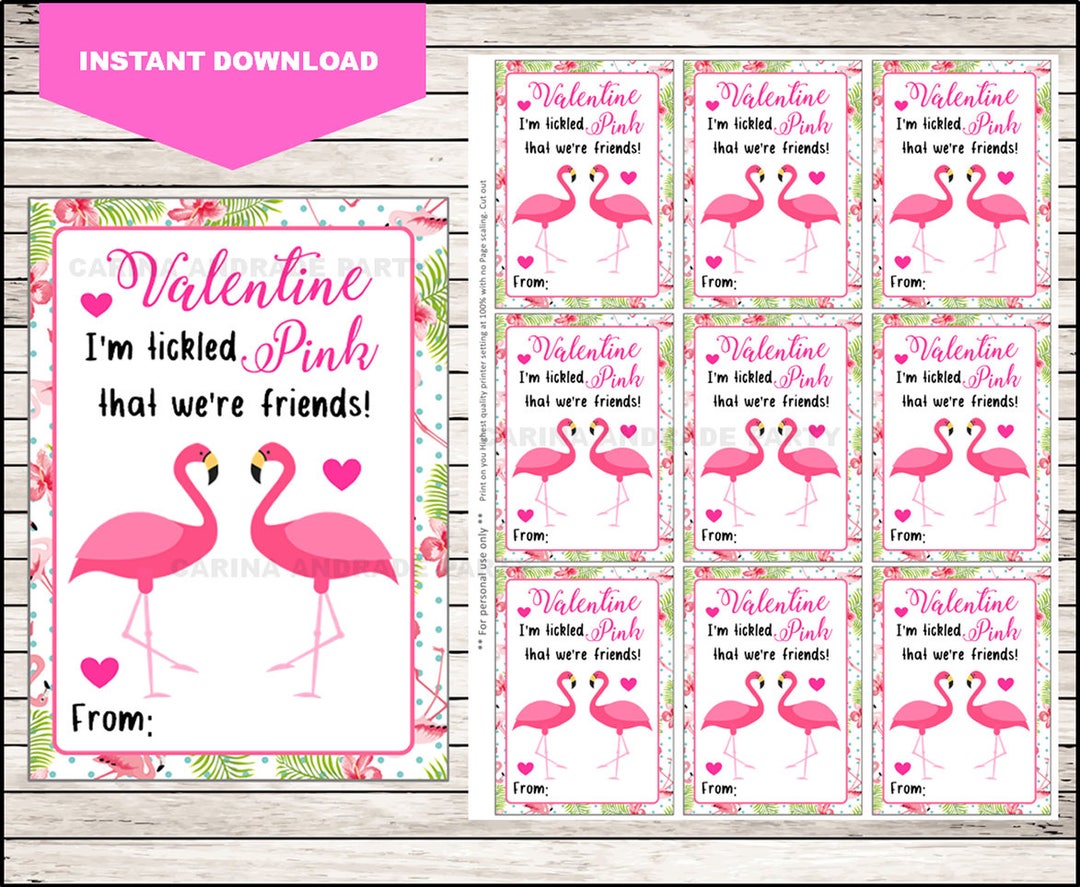 Flamingo Valentines Day Cards, INSTANT DOWNLOAD Tickled Pink Valentine ...