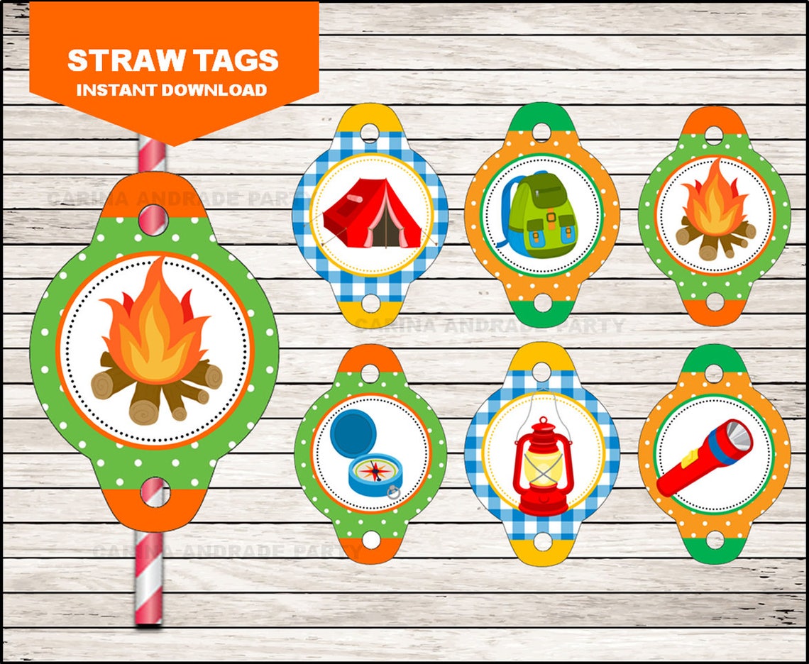 Camping Straw Tags Instant Download Camping Straw Toppers - Etsy