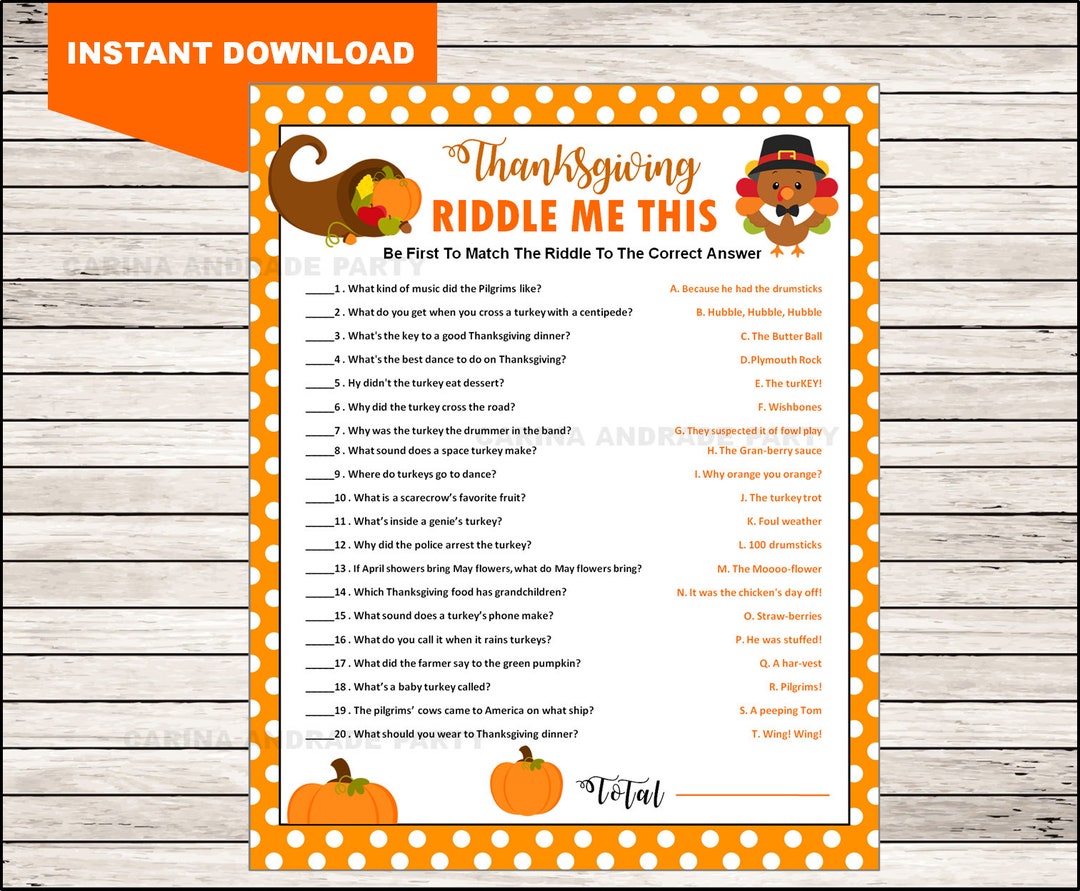 Printable Thanksgiving Riddle Game, Thanksgiving Party Game, Fall Party ...