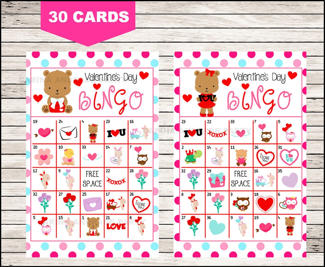 Valentines Day Bingo Printable - 30 Different Cards - Half Page Size ...