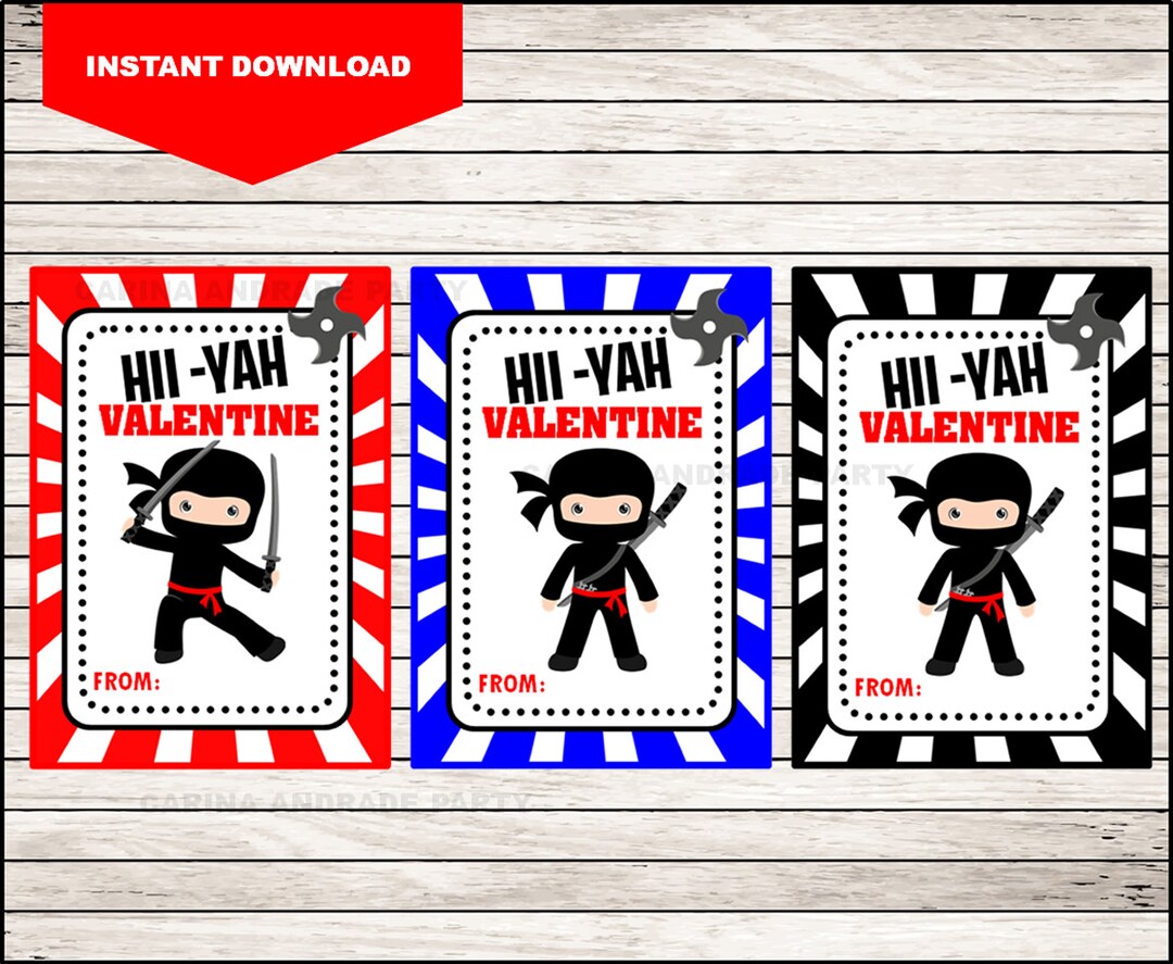 Ninja Valentines Day Cards, INSTANT DOWNLOAD Karate Valentine Cards ...