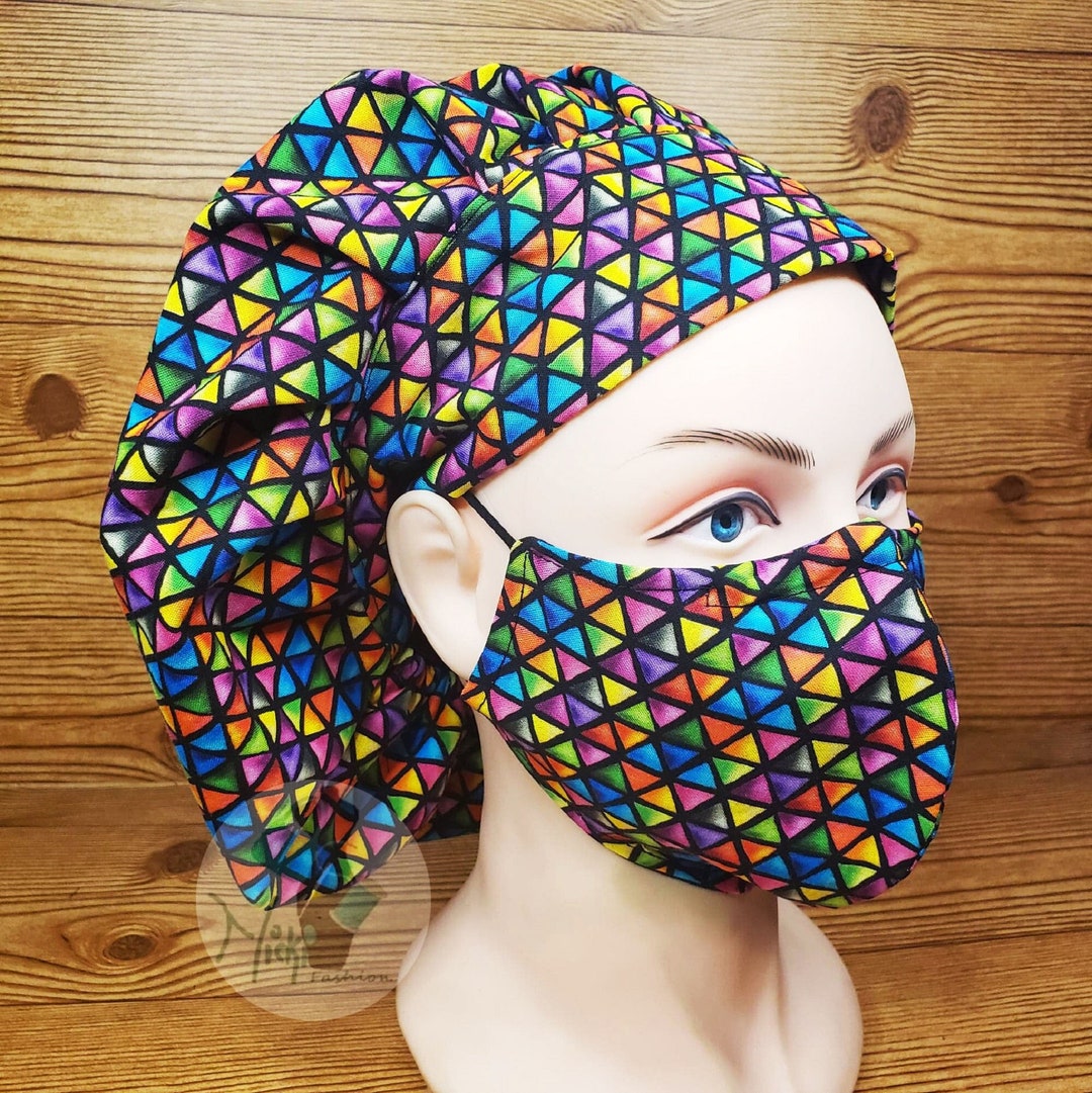 Scrub Cap for Women With Ties, Button Ear Savers & Matching Face Mask ...