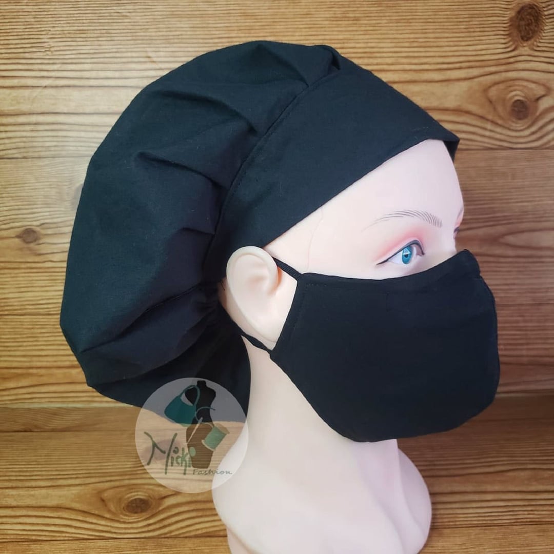 Scrub Bonnet for Women Solid Black Satin Lined or 100% Cotton Optional ...