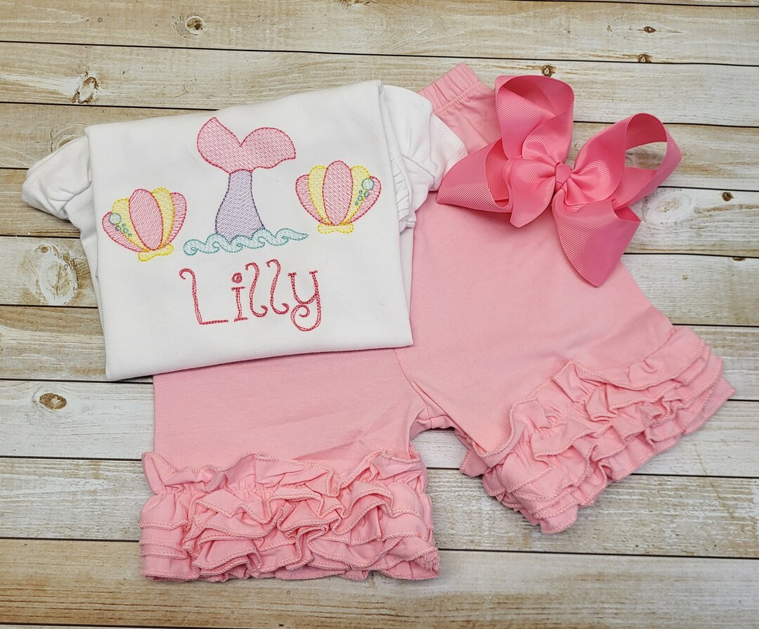 Mermaid Princess Girl Outfit, Girl's Ruffled Embroidery Shirt, Matching ...