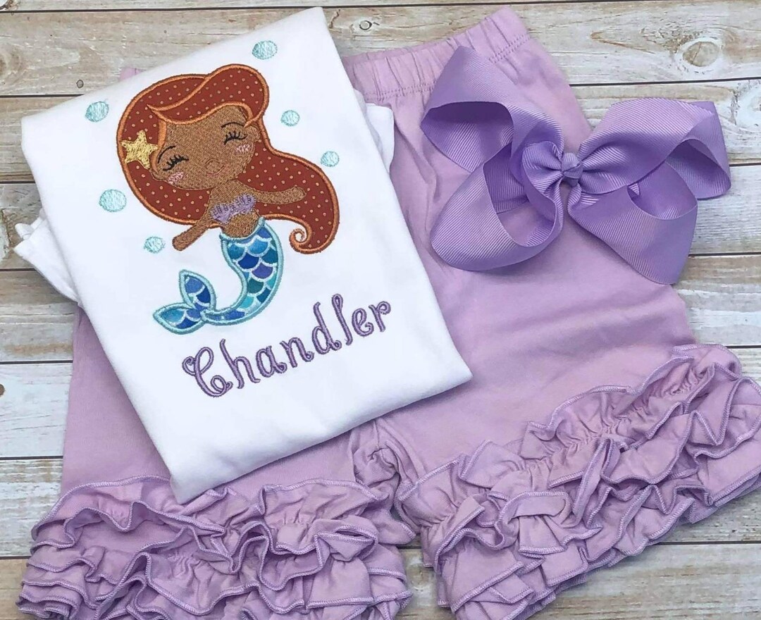 Mermaid Princess Girl Outfit, Girl's Ruffled Embroidery Shirt, Matching ...