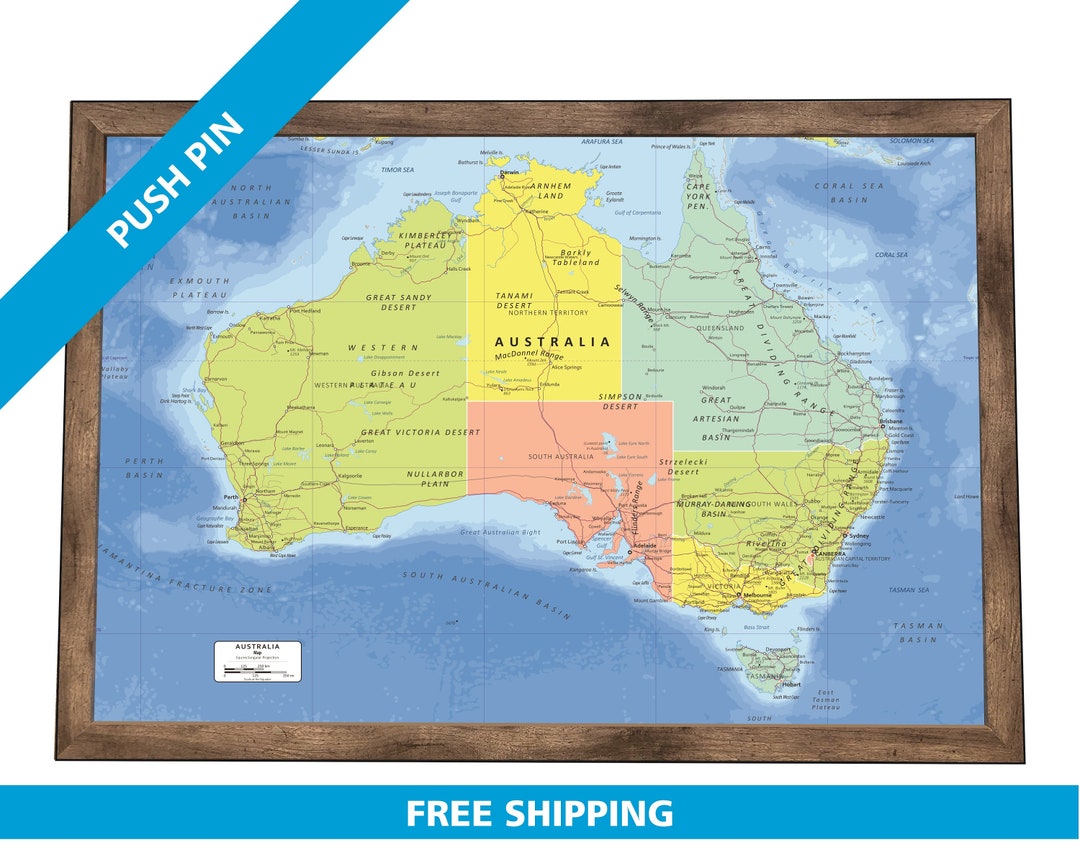 Pushpin Australia Map | 36" X 24" or 24" X 18" | Detailed ...