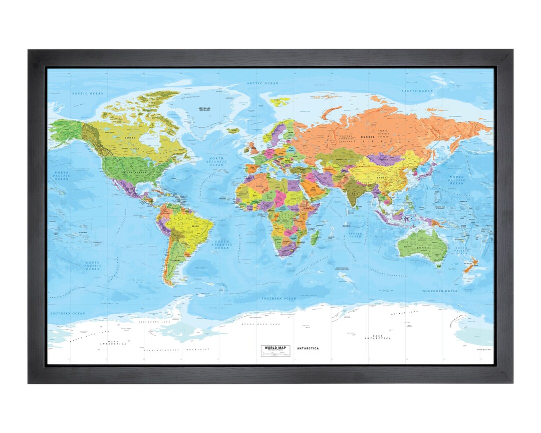 Framed Pushpin World Map 36 X 24 Highly Detailed Miller With Elevation ...