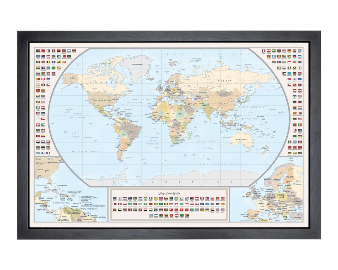 Pushpin World Map | 36" X 24" or 24" X 18" | Rounded World Map With ...