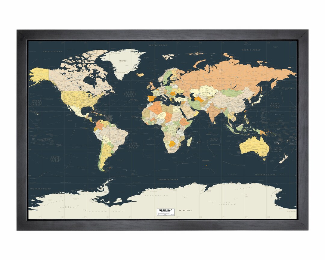 Framed Pushpin World Map 36 X 24 Highly Detailed Miller Retro Colours ...