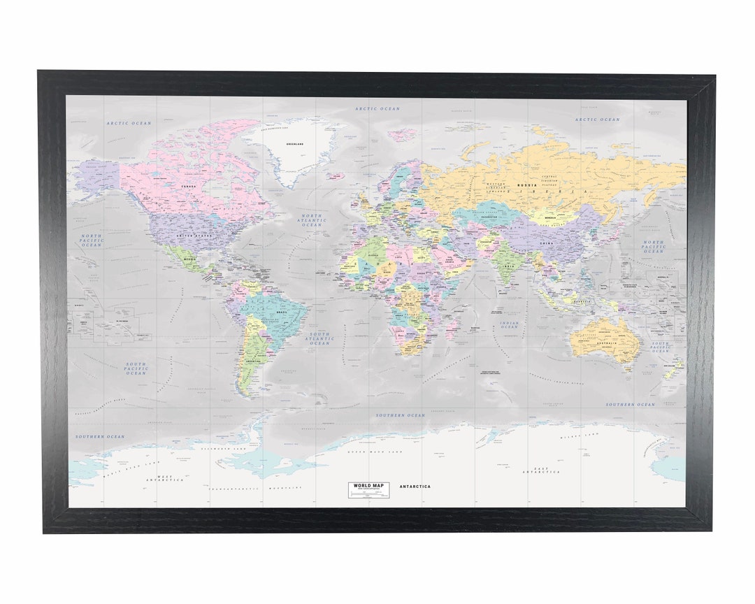 Framed Pushpin World Map 36 X 24 Highly Detailed Miller Soft Colours ...