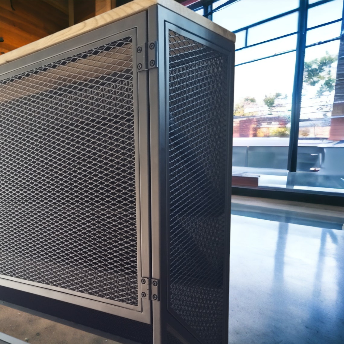 Shoe Cabinet Console Table, Metal Mesh With Rustic Wooden Top for ...