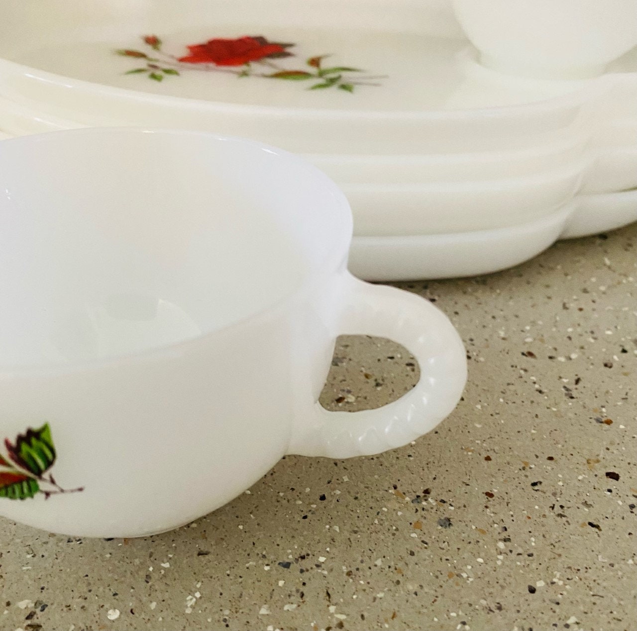 Vintage Federal-red Rose-milk Glass-rosecrest-snack Tray/tea Cup Set-8 ...