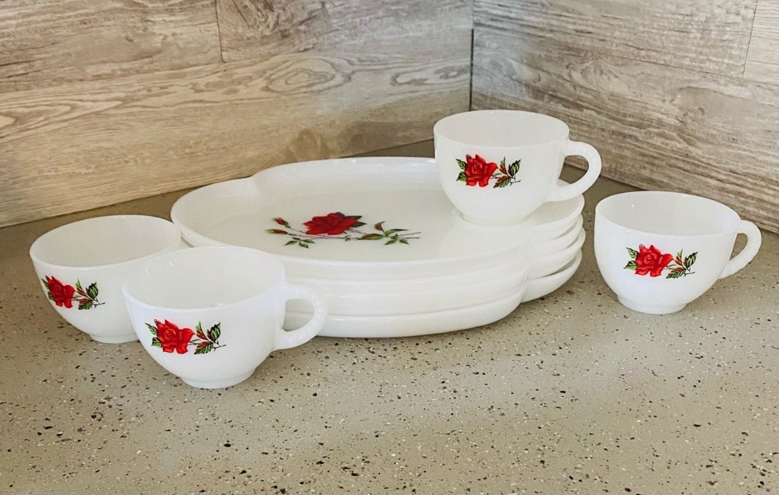 Vintage Federal-red Rose-milk Glass-rosecrest-snack Tray/tea Cup Set-8 ...