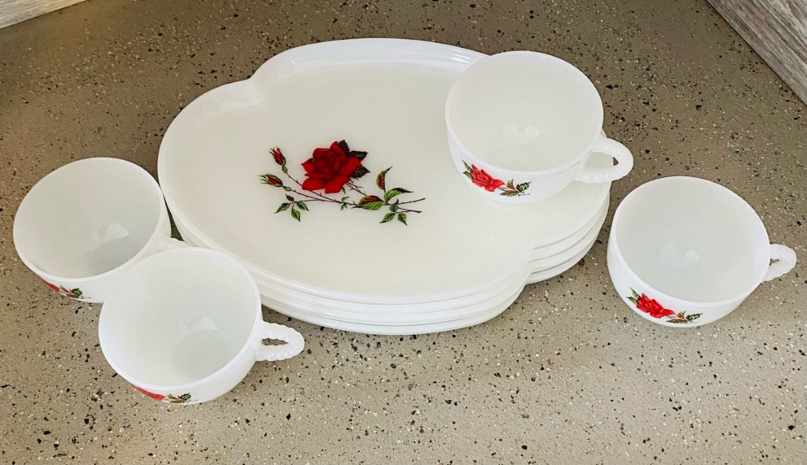 Vintage Federal-red Rose-milk Glass-rosecrest-snack Tray/tea Cup Set-8 ...