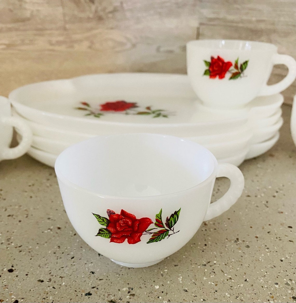 Vintage Federal-red Rose-milk Glass-rosecrest-snack Tray/tea Cup Set-8 ...