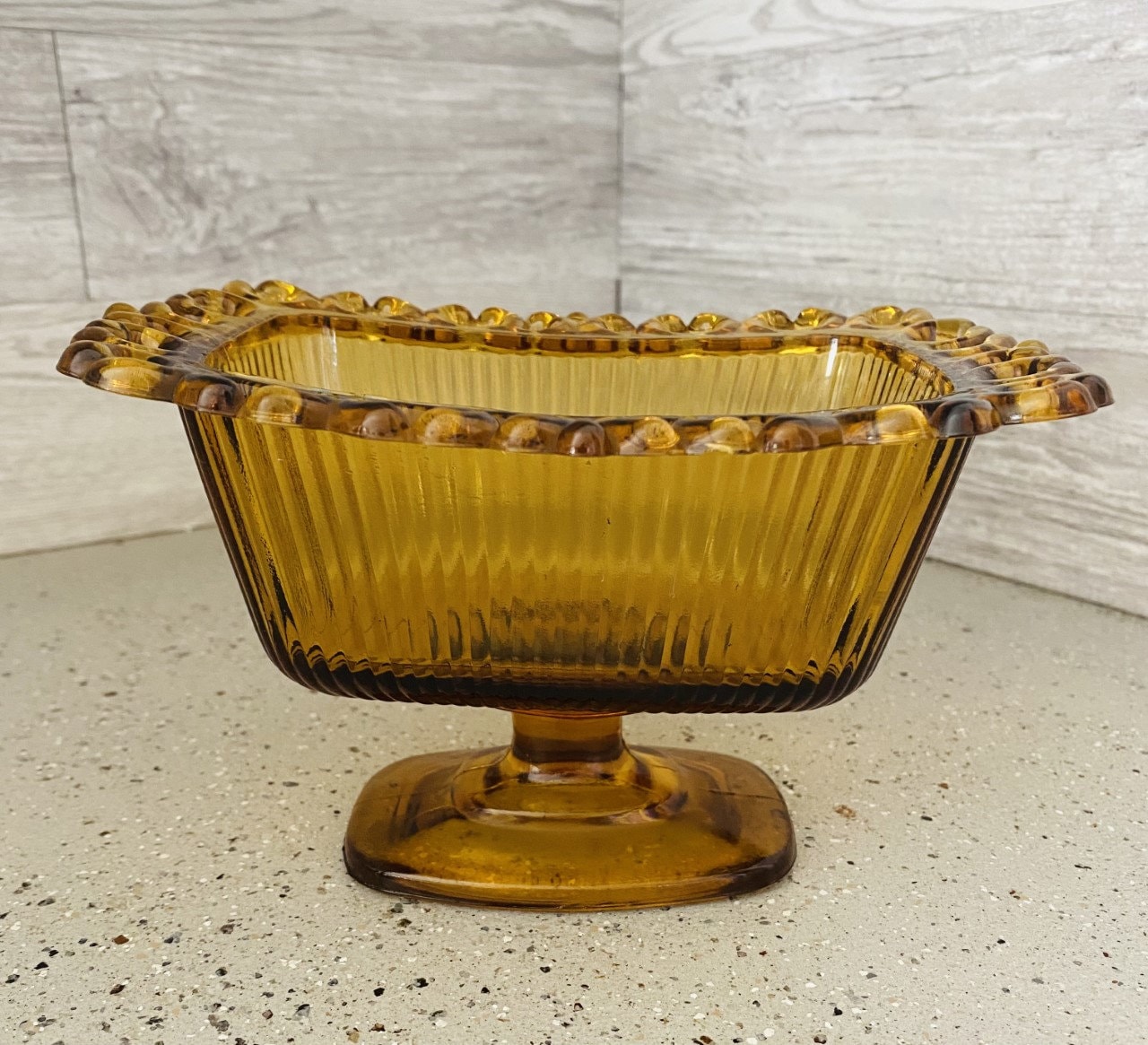 Vintage Indiana Glass Amber Candy Dish- Pedestal Base- Ribbed Glass ...