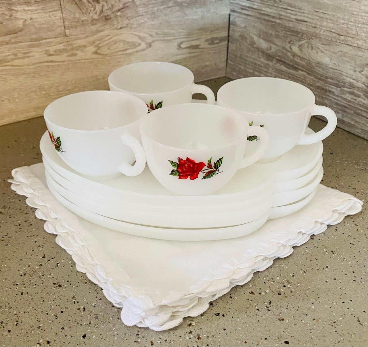 Vintage Federal-red Rose-milk Glass-rosecrest-snack Tray/tea Cup Set-8 ...
