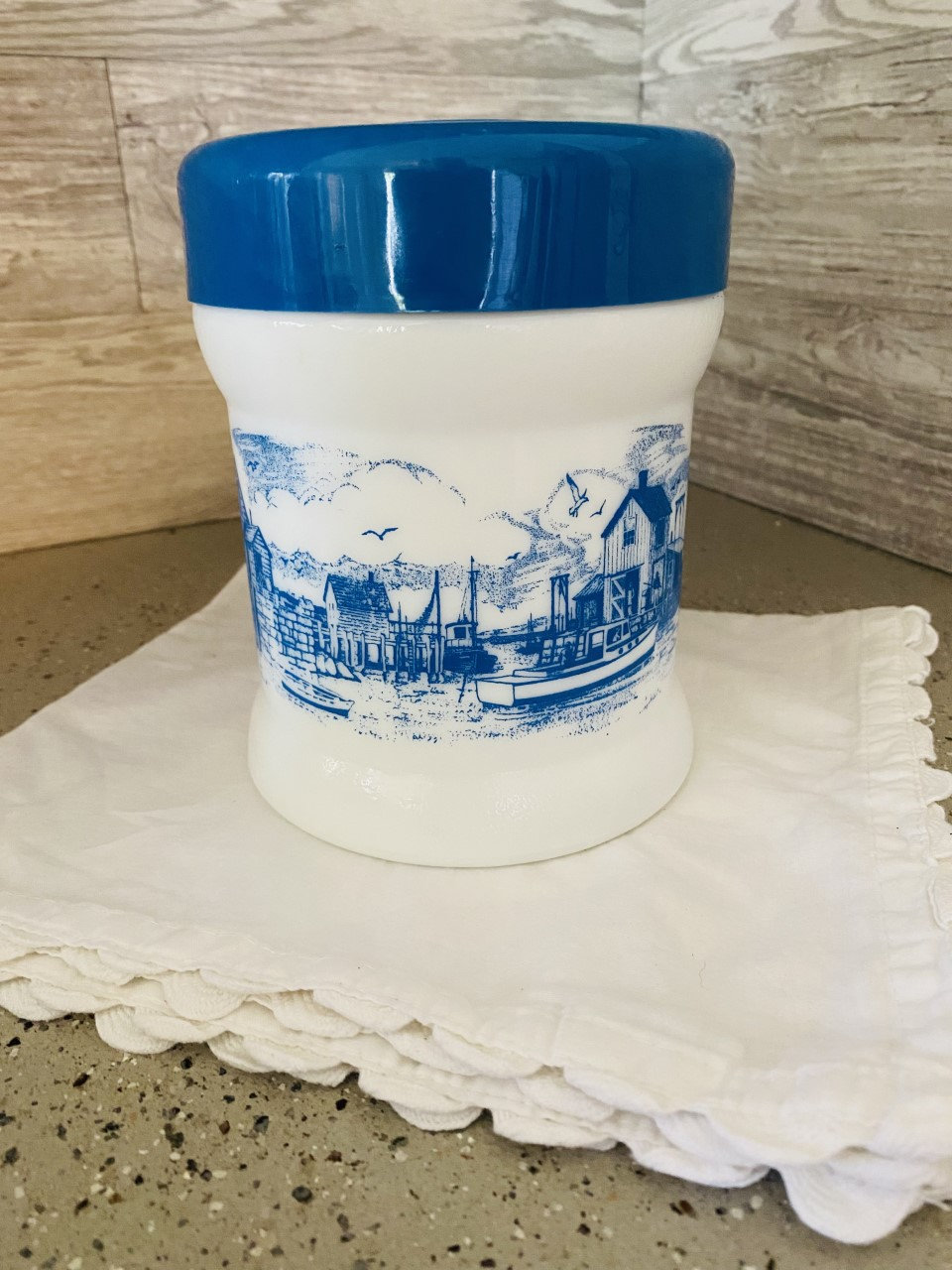 Vintage Holland Delft Blue White Milk Glass Canister Nautical Coastal ...